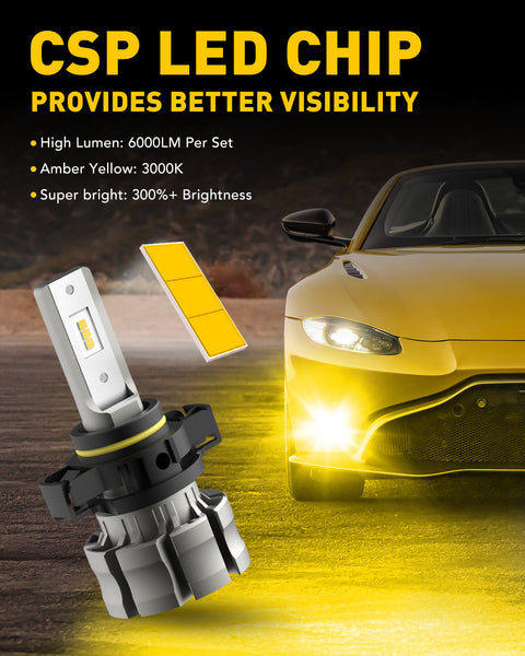 AUXITO 5202 LED Fog Light Bulbs, 3000K Amber Yellow 6000 Lumen Plug And ...
