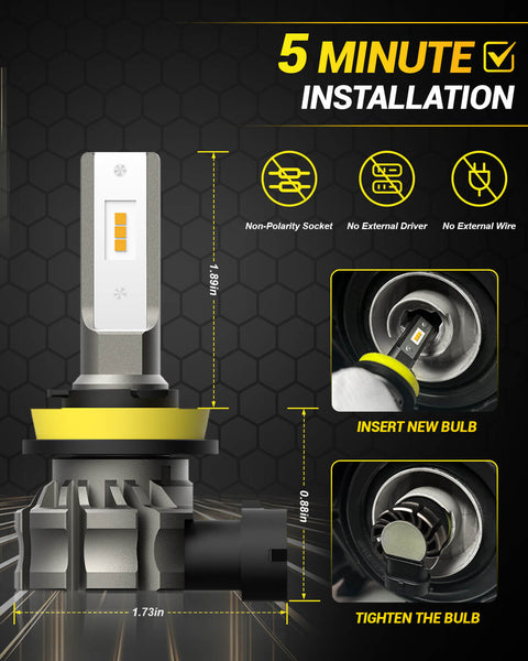 H11 H8 H9 LED Fog Light Bulbs, Fanless Design, 6000 Lumens 3000K Amber — AUXITO