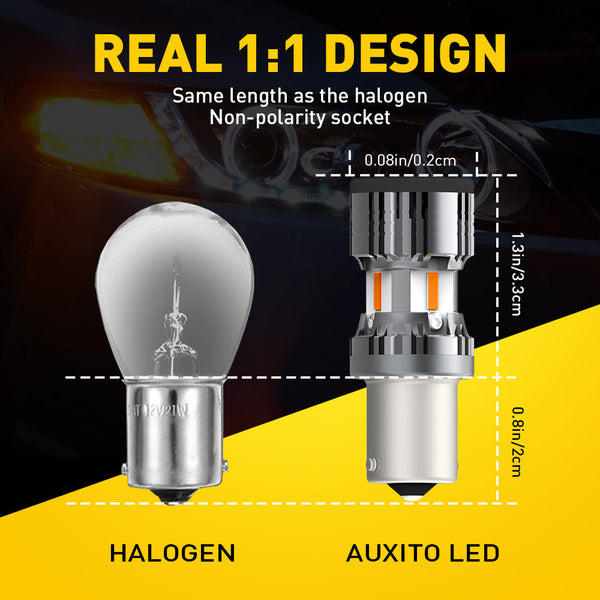 1156, 7506, P21W, BA15S LED Turn Signal Light Bulbs CANbus Error Free | Amber Yellow — AUXITO