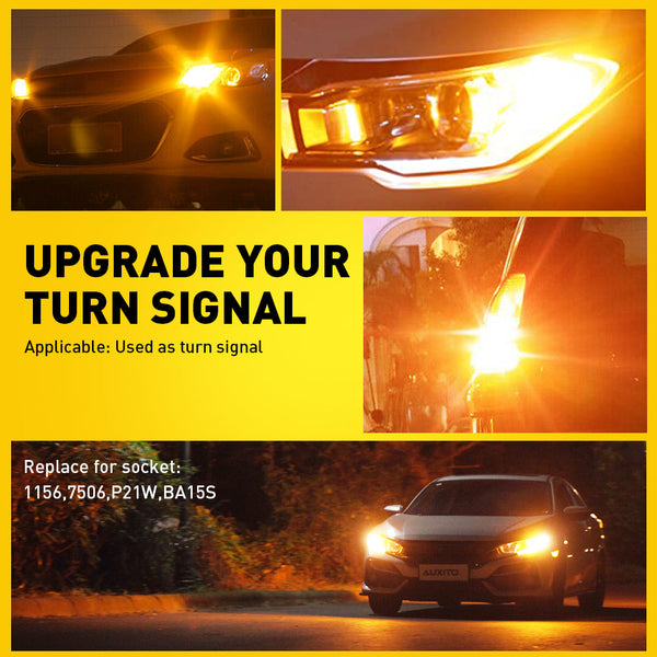 1156, 7506, P21W, BA15S LED Turn Signal Light Bulbs CANbus Error Free | Amber Yellow — AUXITO