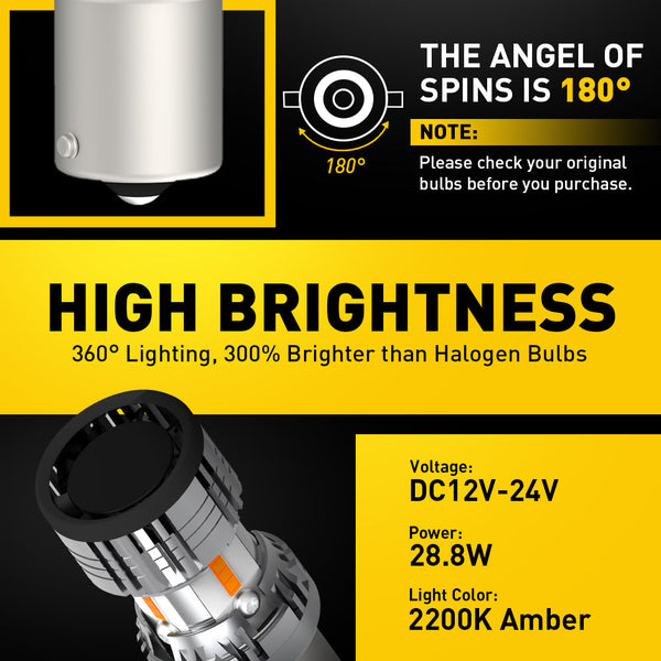 1156, 7506, P21W, BA15S LED Turn Signal Light Bulbs CANbus Error Free | Amber Yellow — AUXITO