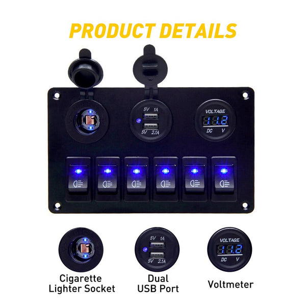 6 Gang Marine Boat Rocker Switch Panel, 12V Waterproof RV Led Switch P ...